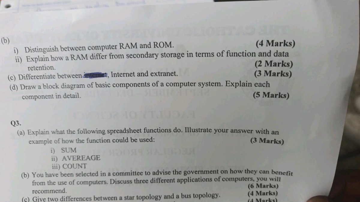 (b) i) Distinguish between computer RAM and ROM. (4 Marks) ii) Explain ho..