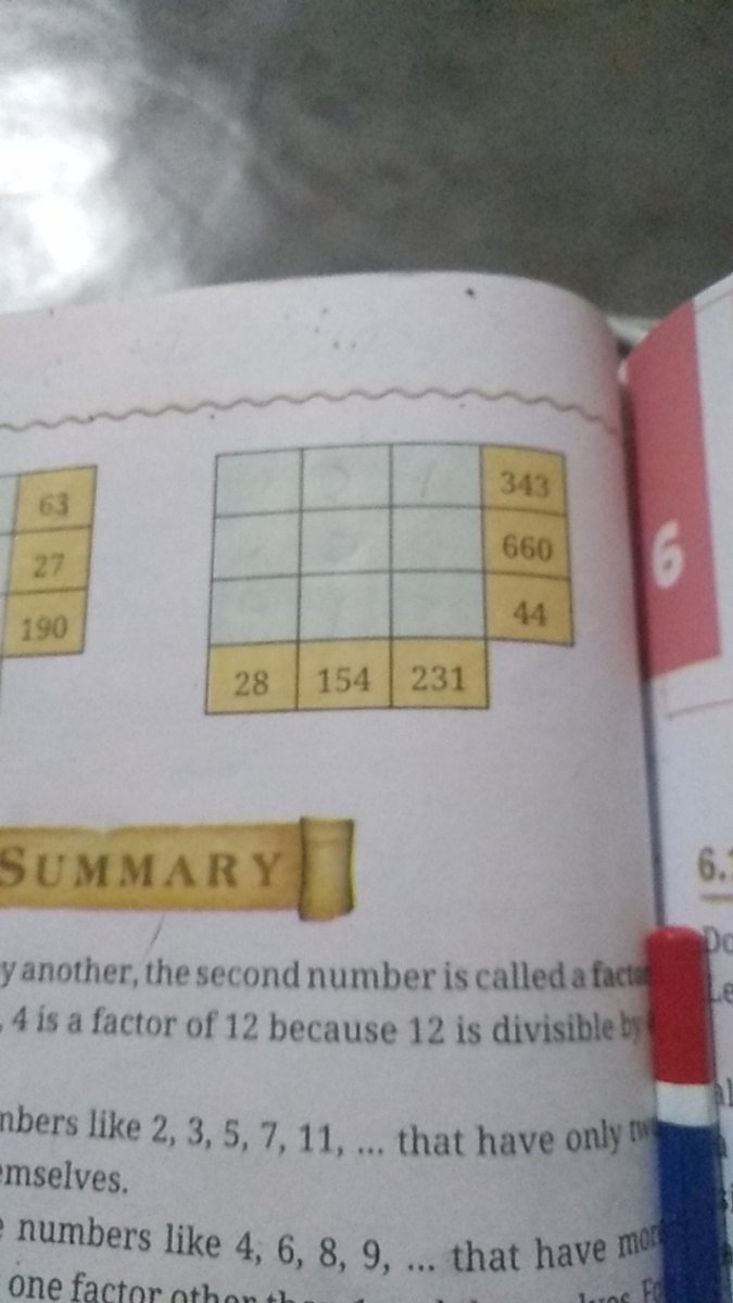 The image shows a table with numbers and a summary section about factors