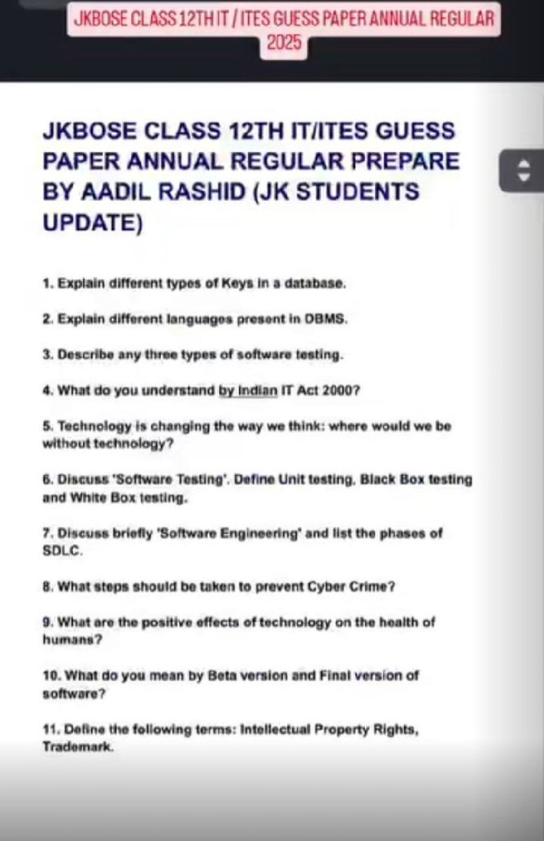 JKBOSE CLASS 12TH IT/ITES GUESS PAPER ANNUAL REGULAR PREPARE BY AADIL RAS..