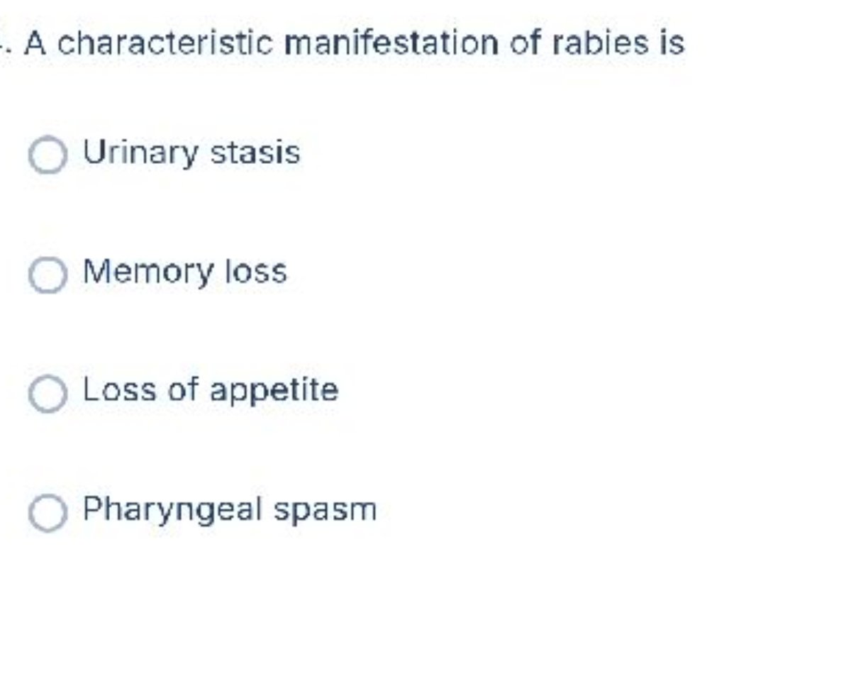 A characteristic manifestation of rabies is: A. Urinary stasis B. Memory..