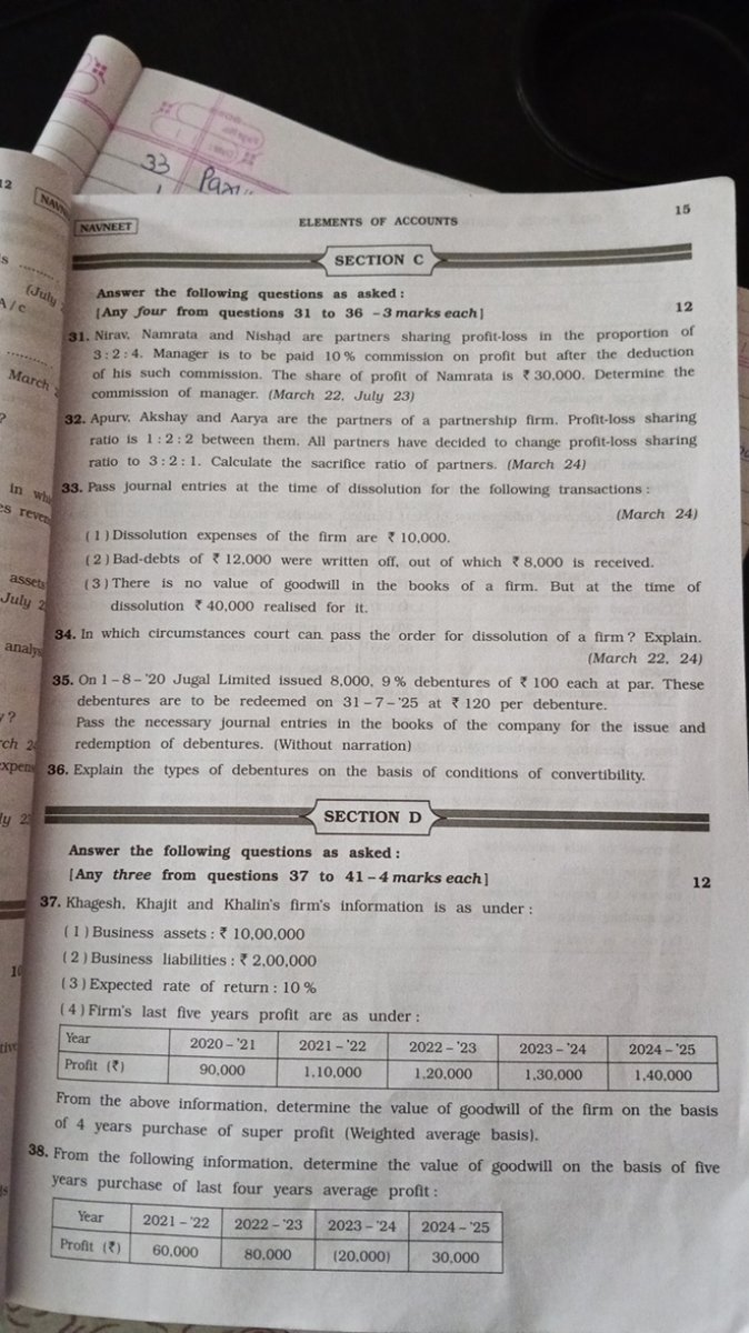 Answer the following questions as asked: [Any four from questions 31 to 3..