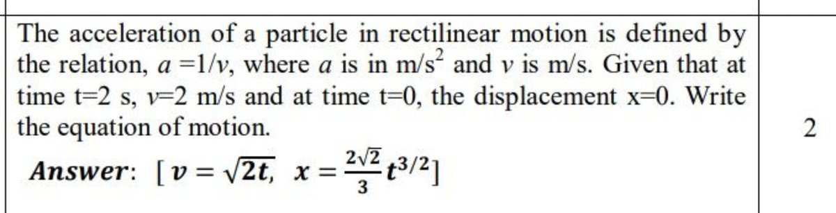 The acceleration of a particle in rectilinear motion is defined by the re..