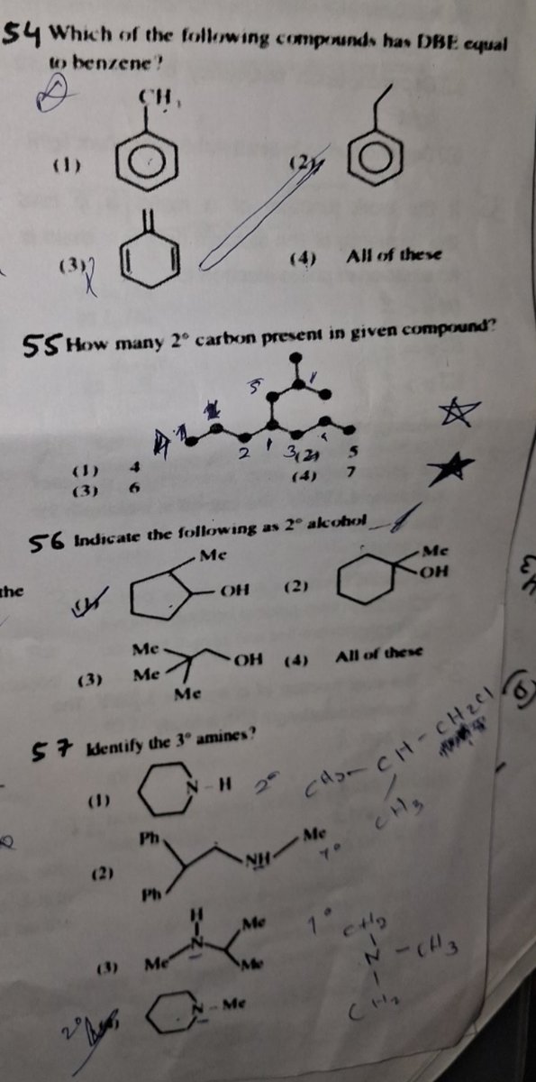 54 Which of the following compounds has DBE equal to benzene? (1) Image o..