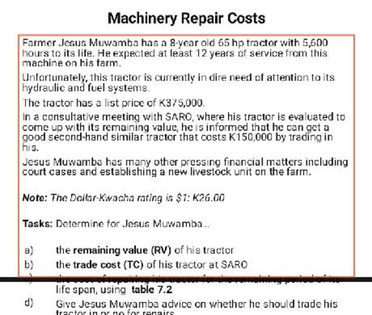 Machinery Repair Costs Farmer Jesus Muwamba has an 8-year old 65 hp trac..