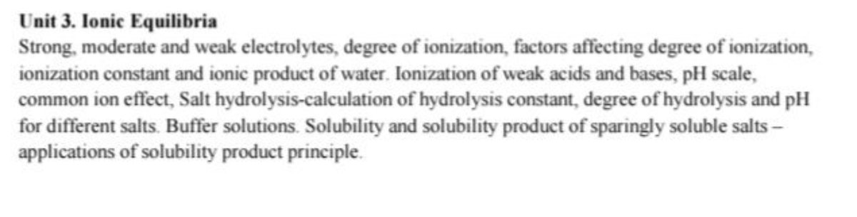 Unit 3. Ionic Equilibria Strong, moderate and weak electrolytes, degree o..