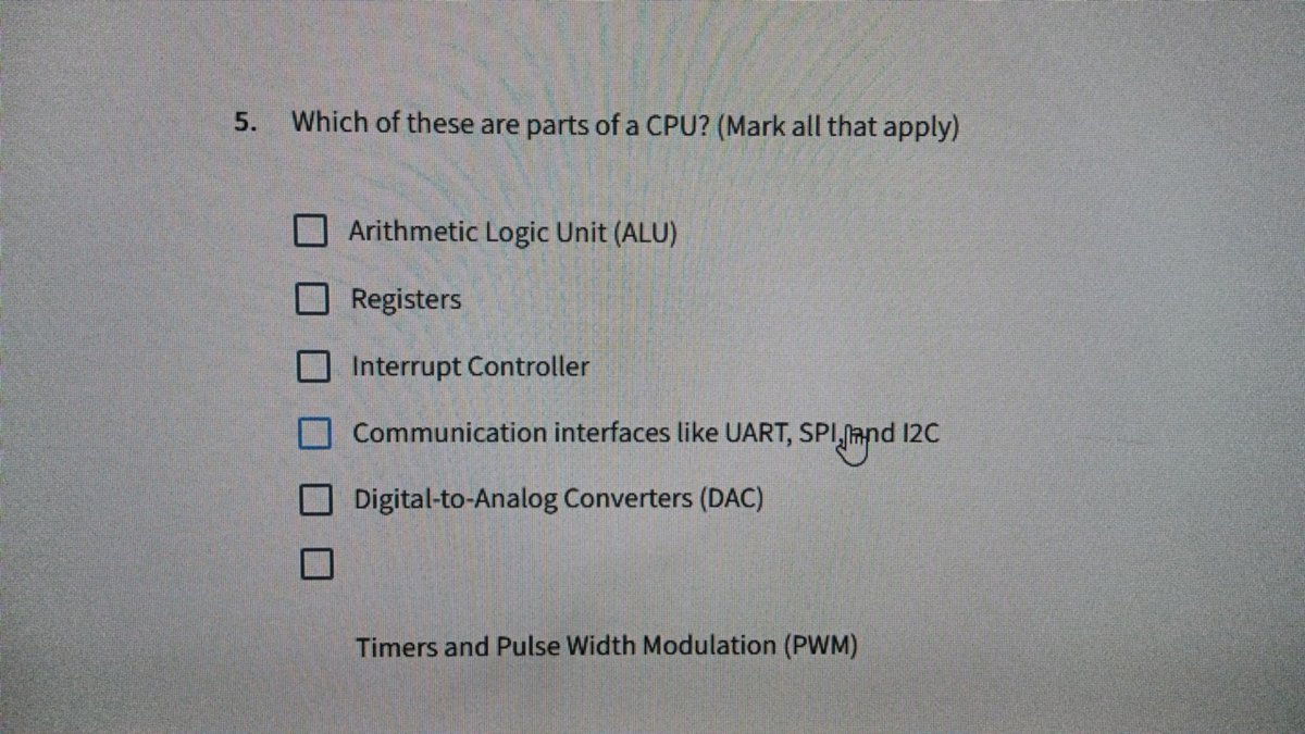 Which of these are parts of a CPU? (Mark all that apply) Arithmetic Logi..