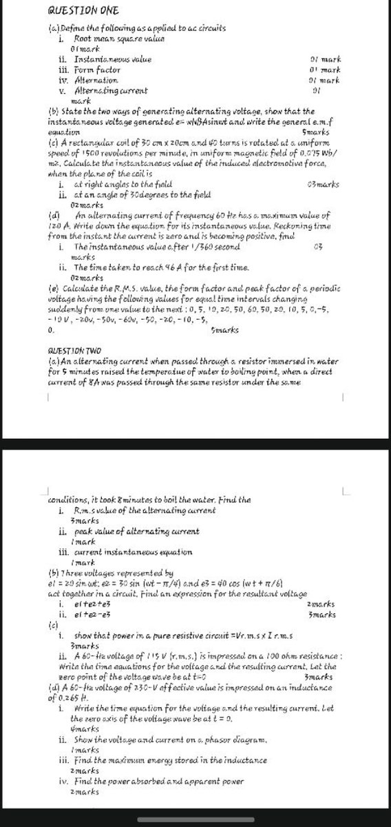 QUESTION ONE (a) Define the following as applied to AC circuits: i. Root..