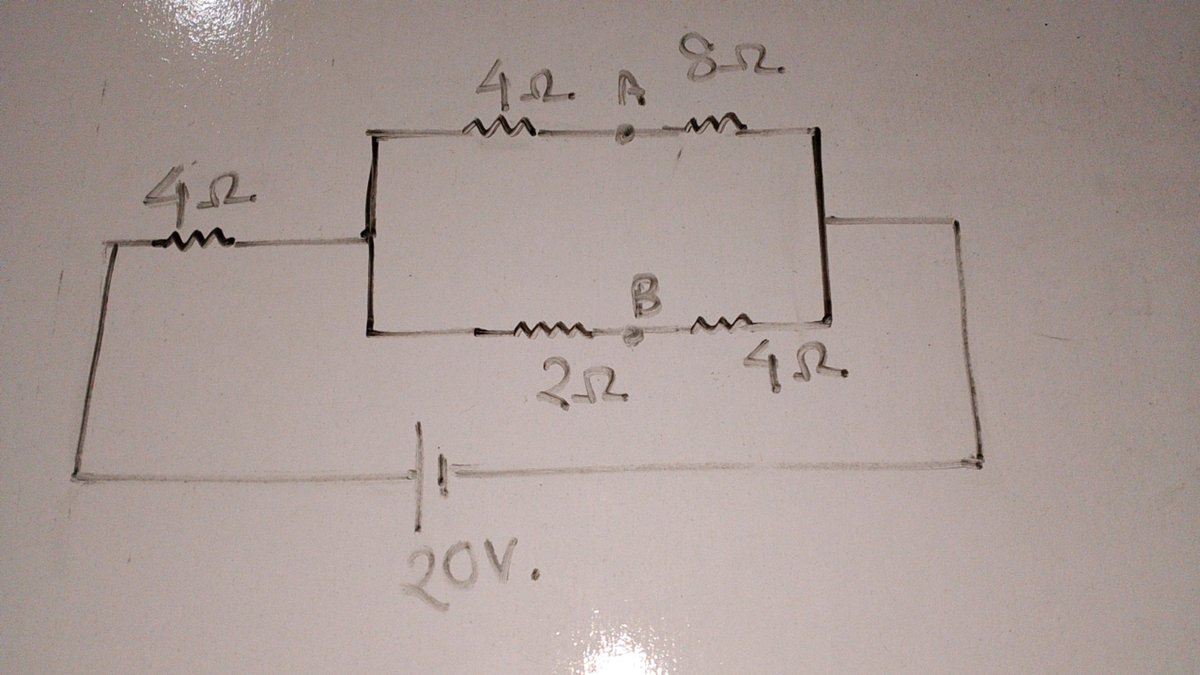 The image shows an electrical circuit diagram. It contains: A 20V voltage..
