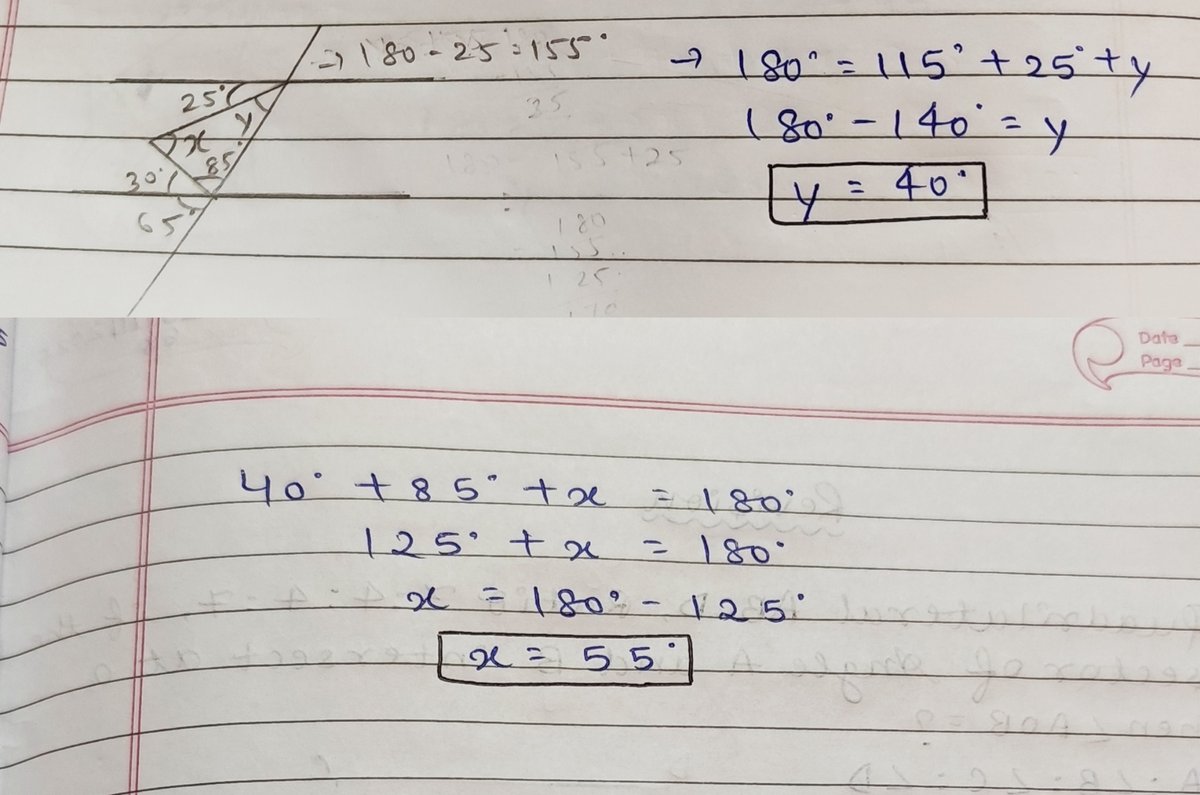 The diagram shows two intersecting straight lines and a triangle whose ve..