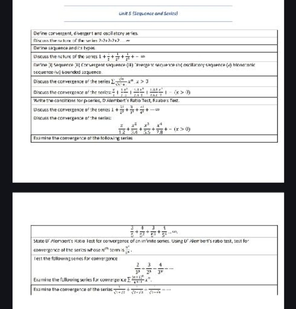 Here are the questions: Unit 5 (Sequence and Series) Define convergent,..
