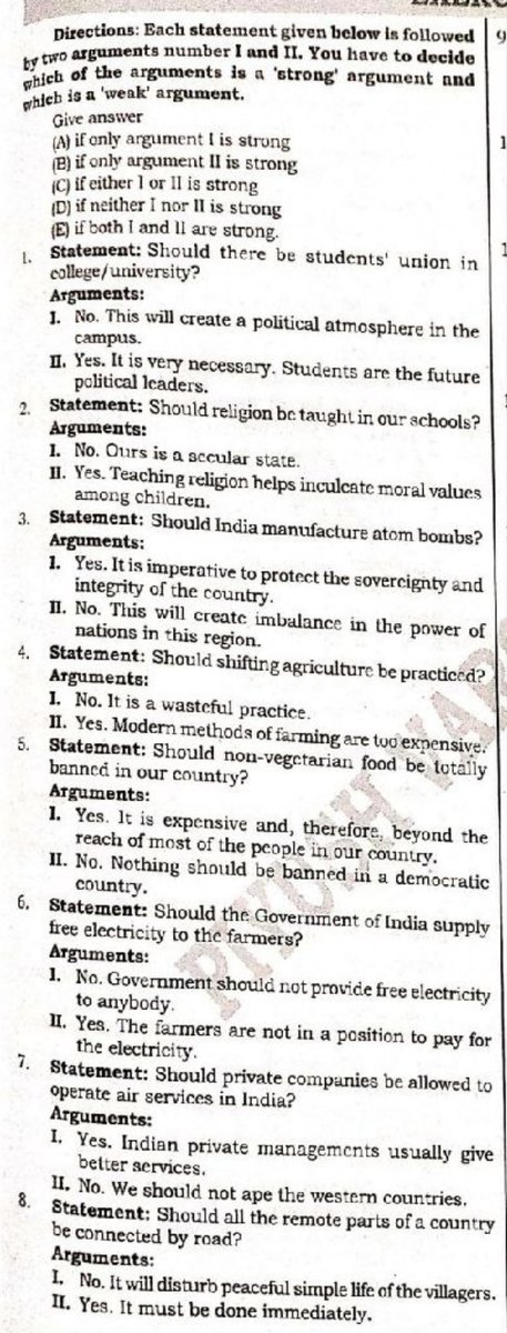 Directions: Each statement given below is followed by two arguments numbe..