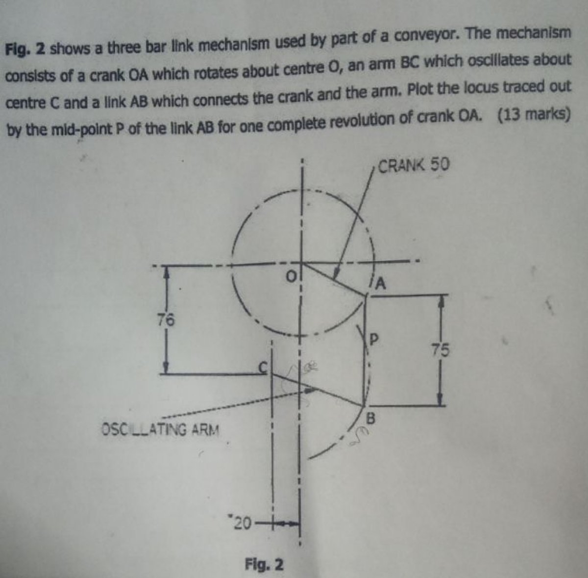 Fig. 2 shows a three bar link mechanism used by part of a conveyor. The m..