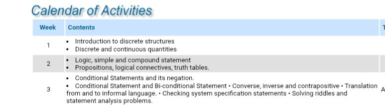 Here is the original image: Calendar of Activities | Week | Contents