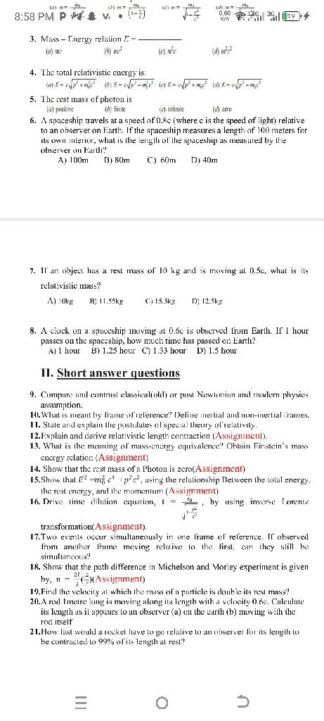 Here are a series of questions related to Physics: I. Multiple Choice Qu..