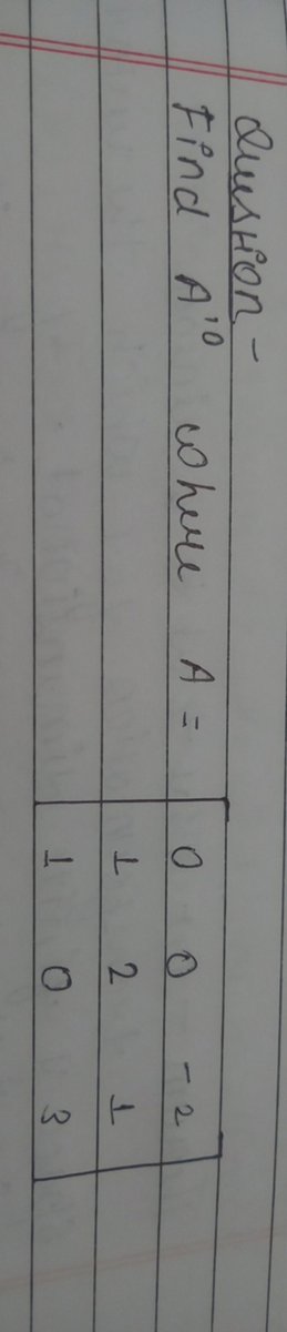 Question: Find A¹⁰ where A is the matrix: A = [[0, 0, -2], [1, 2, 1..