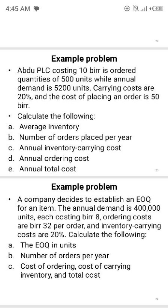 Here are two example problems: Example problem 1: Abdu PLC costing 10 bi..