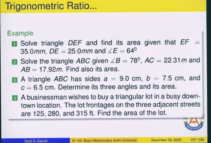 Trigonometric Ratio... Example Solve triangle DEF and find its area giv..