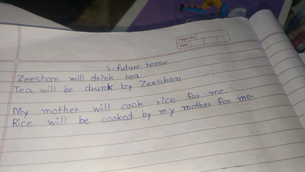 S. future tense Zeeshan will drink tea Tea will be drunk by Zeeshan My