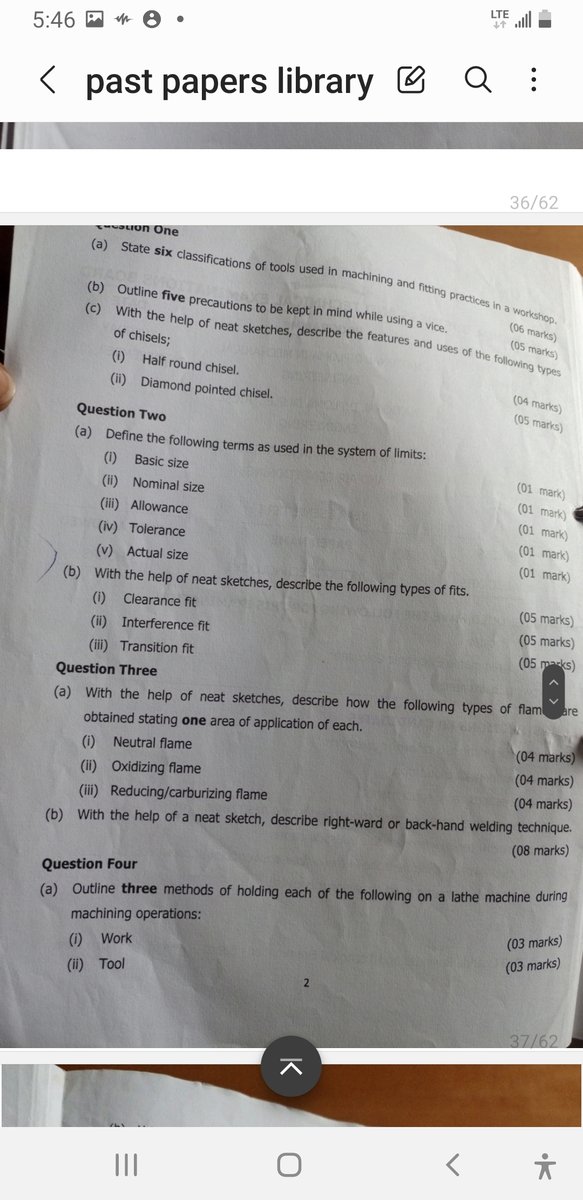 Question One (a) State six classifications of tools used in machining and..