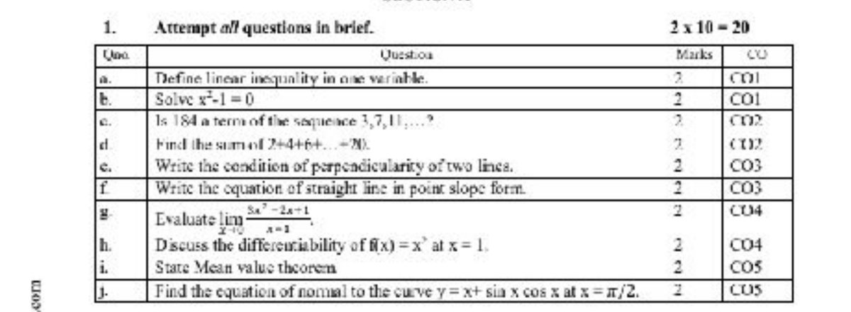 Attempt all questions in brief. a. Define linear inequality in one varia..
