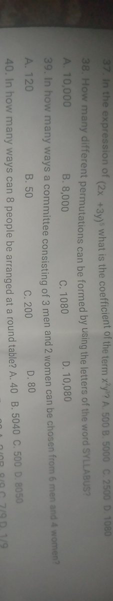 In the expression of (2x + 3y)^5 what is the coefficient of the term x^2y..