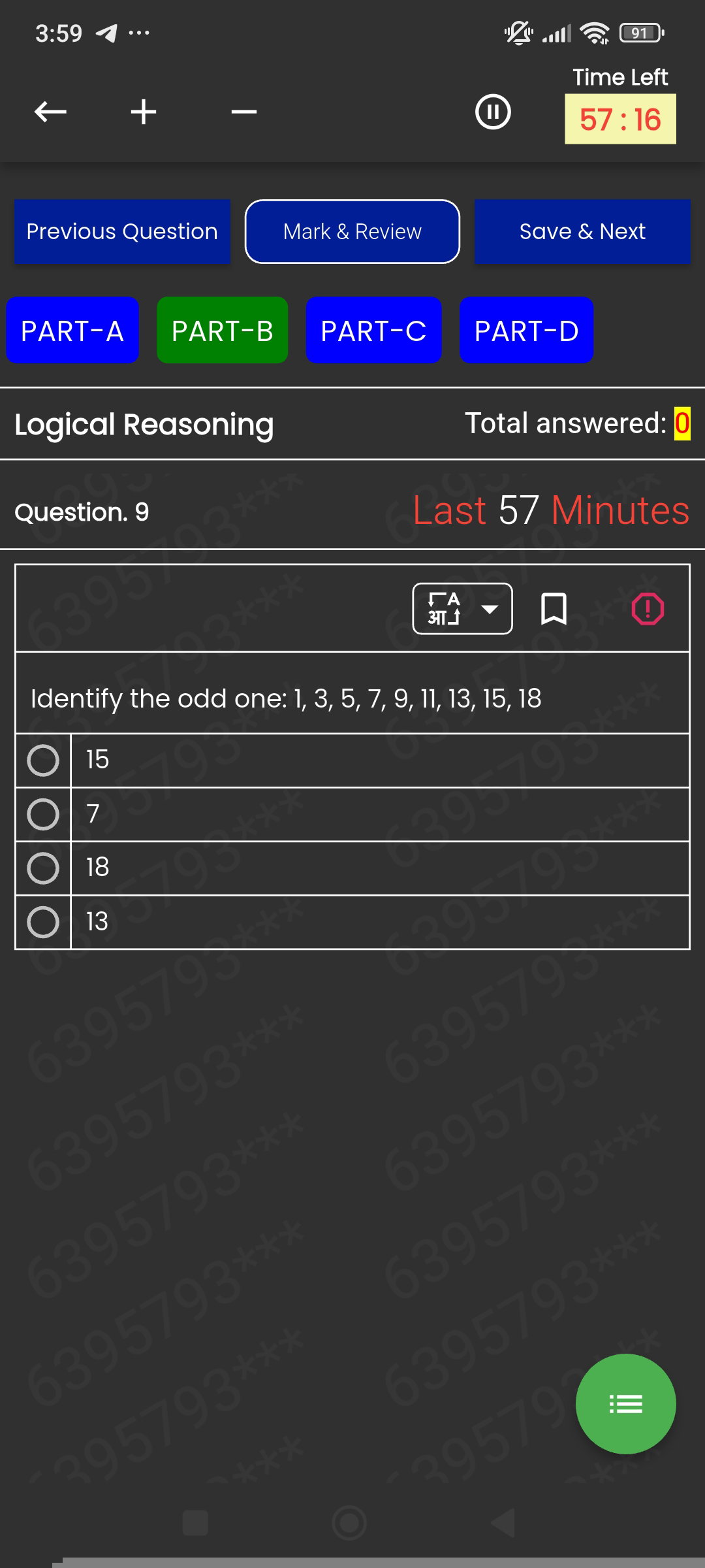 Identify the odd one: 1, 3, 5, 7, 9, 11, 13, 15, 18 A. 15 B. 7 C. 18 D.