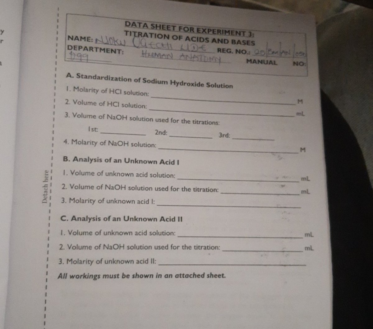 DATA SHEET FOR EXPERIMENT 3: TITRATION OF ACIDS AND BASES NAME: NJOKU OG..