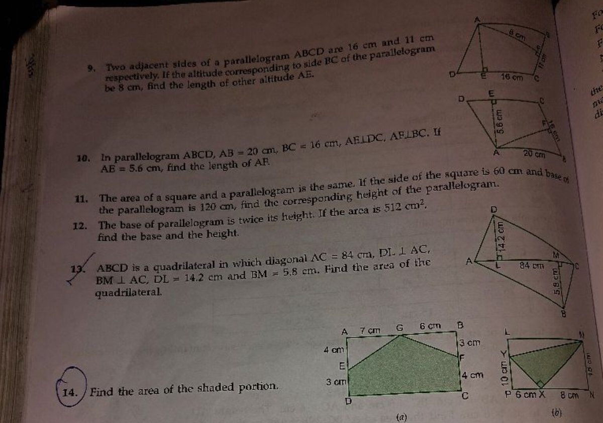 Find the area of the shaded portion. (a) A rectangle with vertices A, B,..