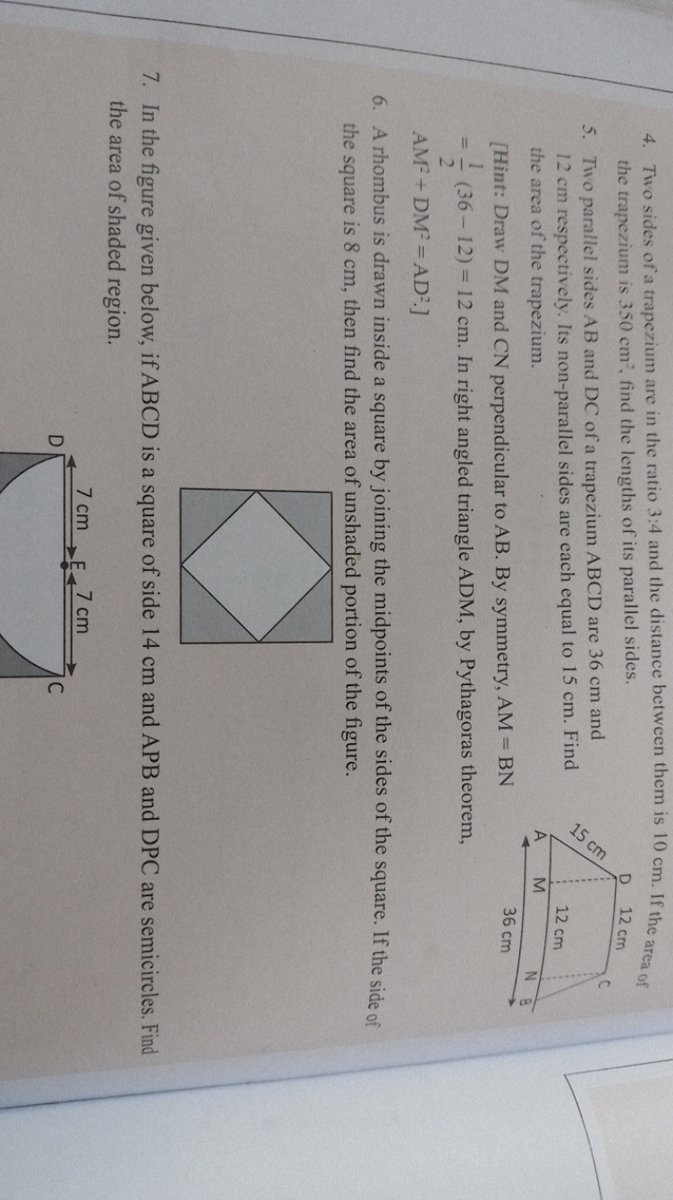 Here are four questions related to geometry: Question 4: Two sides of a