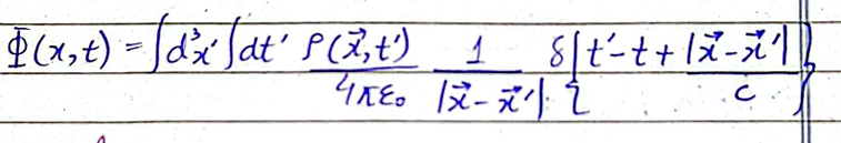 The provided image shows the equation: \Phi(\vec{x},t) = \int d^3x' \int..