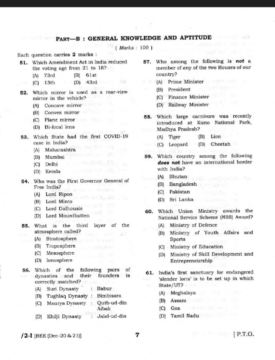 PART-B: GENERAL KNOWLEDGE AND APTITUDE (Marks: 100) Each question carries..