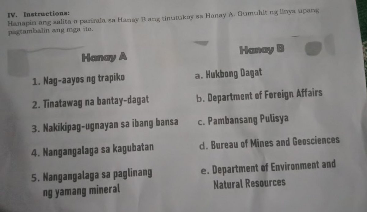 IV. Instructions: Hanapin ang salita o parirala sa Hanay B ang tinutukoy