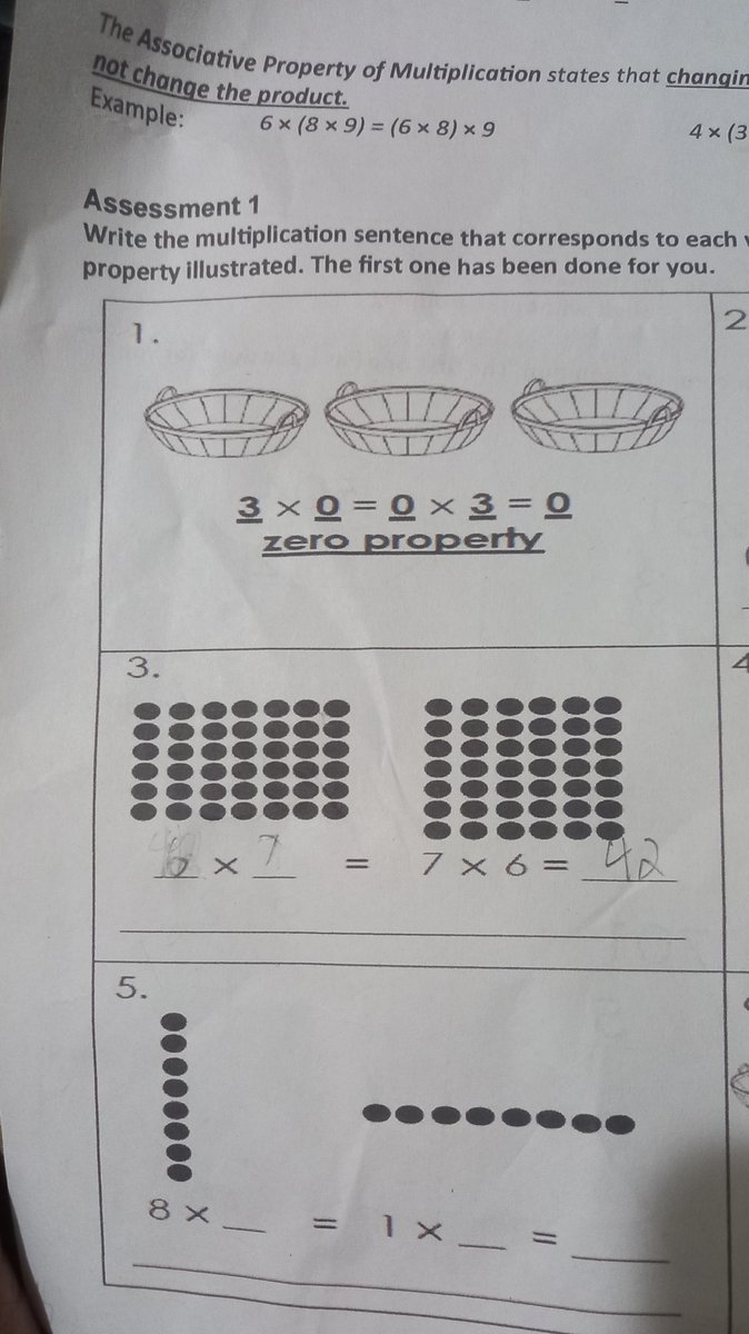 Assessment 1 Write the multiplication sentence that corresponds to each p..