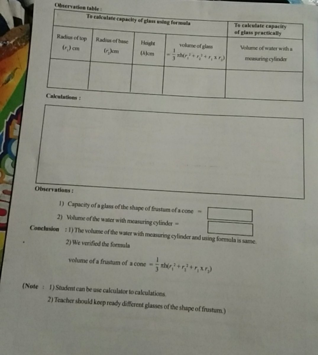 Observation table: To calculate capacity of glass using formula | Radiu..