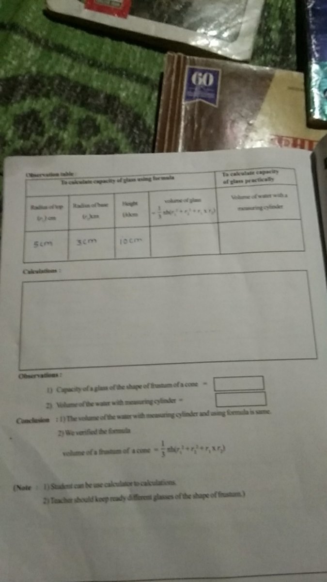 Here is an observation table for calculating the capacity of a glass usin..