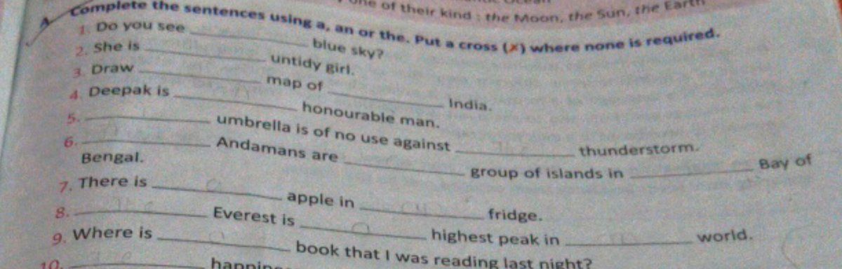Complete the sentences using a, an or the. Put a cross (x) where none is