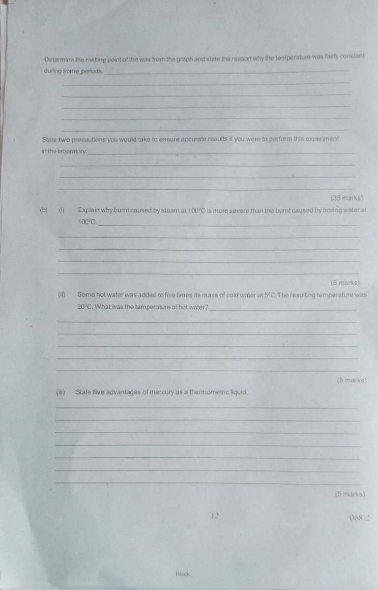 Determine the melting point of the wax from the graph and state the reaso..