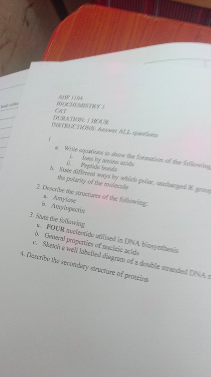 AHP 1104 BIOCHEMISTRY 1 CAT DURATION: 1 HOUR INSTRUCTIONS: Answer ALL que..