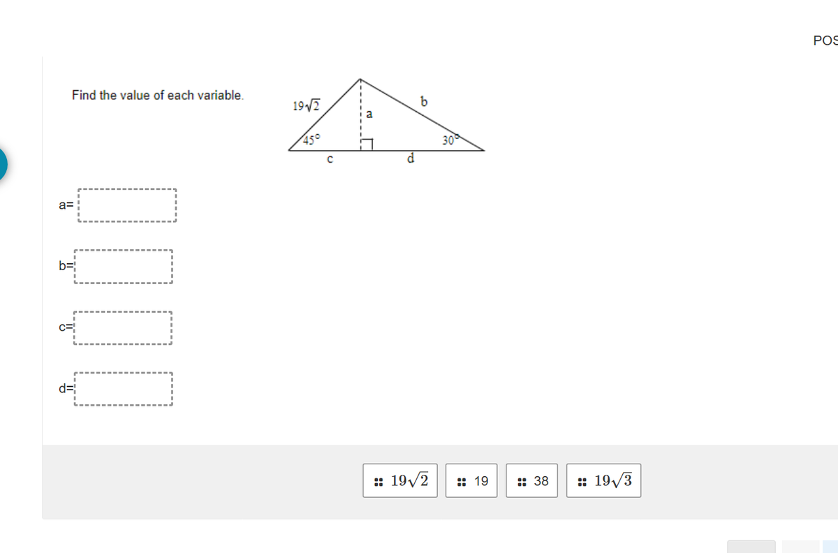 Find the value of each variable. Given a diagram of a triangle split int..