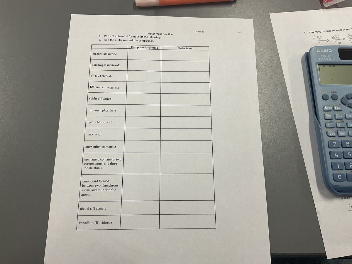 Molar Mass Practice Write the chemical formula for the following: Find t..