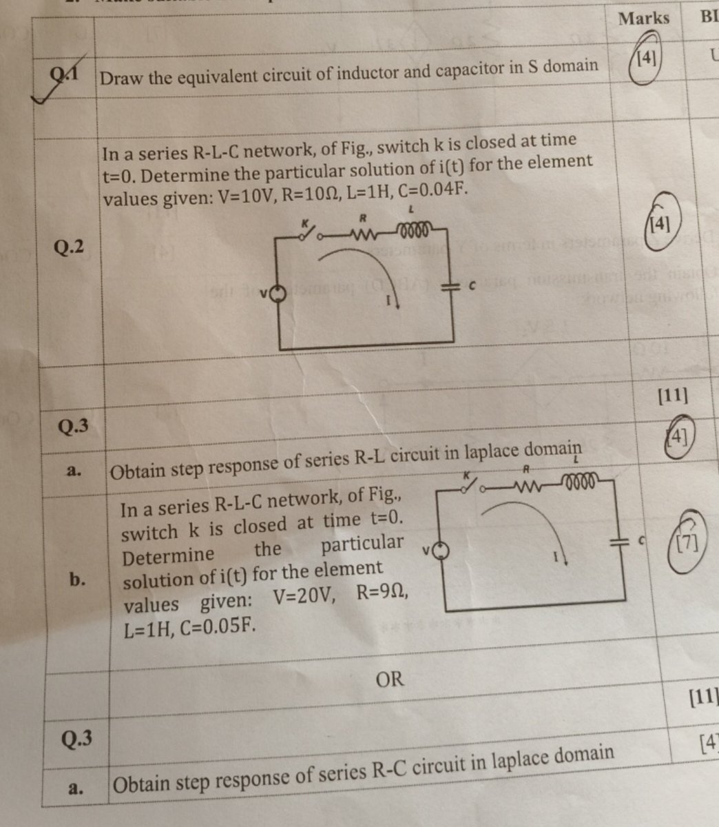 Q.1 Draw the equivalent circuit of inductor and capacitor in S domain Q...