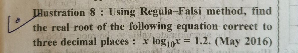 Using Regula-Falsi method, find the real root of the following equation c..