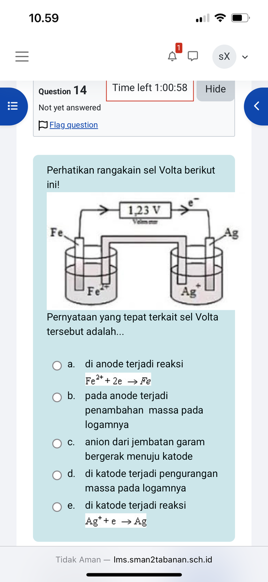 Perhatikan rangkaian sel Volta berikut ini! [Diagram of a Voltaic cell w..