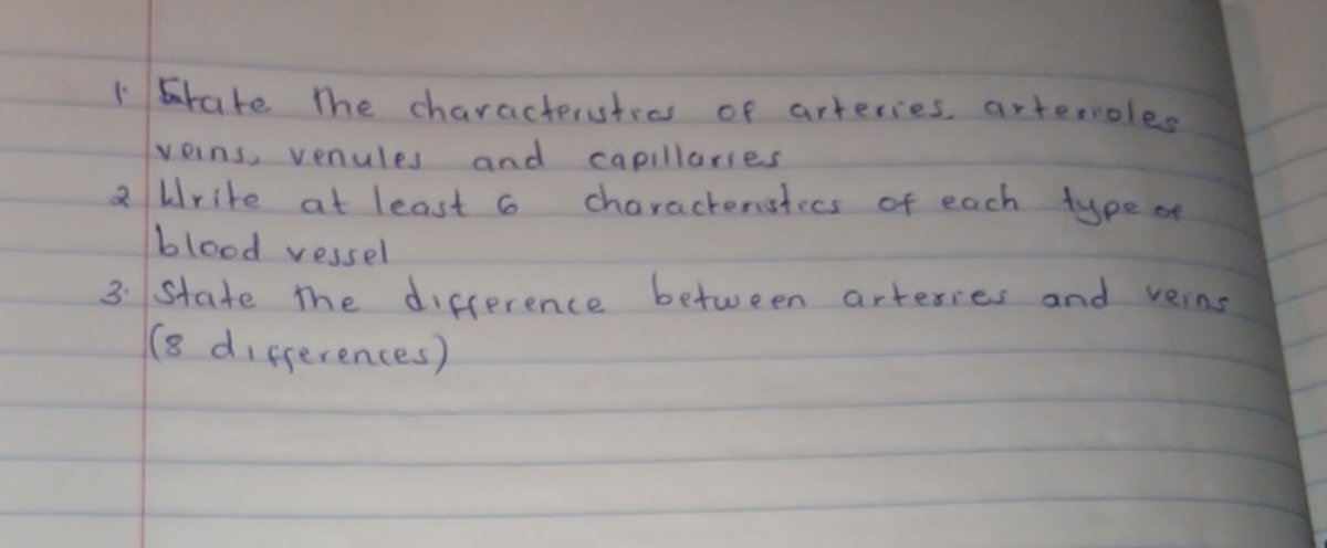 State the characteristics of arteries, arterioles, veins, venules, and ca..
