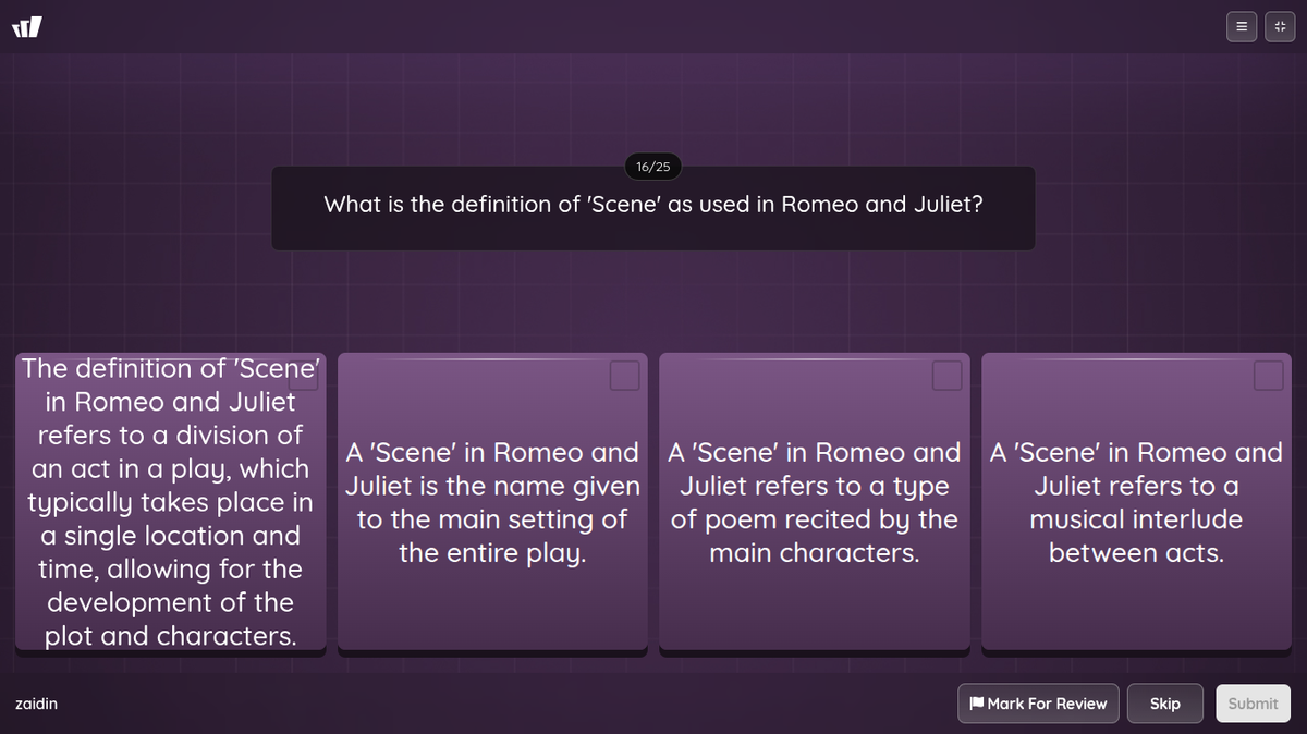 What is the definition of 'Scene' as used in Romeo and Juliet? A. The de..