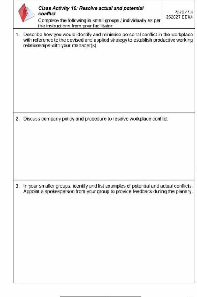Class Activity 10: Resolve actual and potential conflict Complete the fo..
