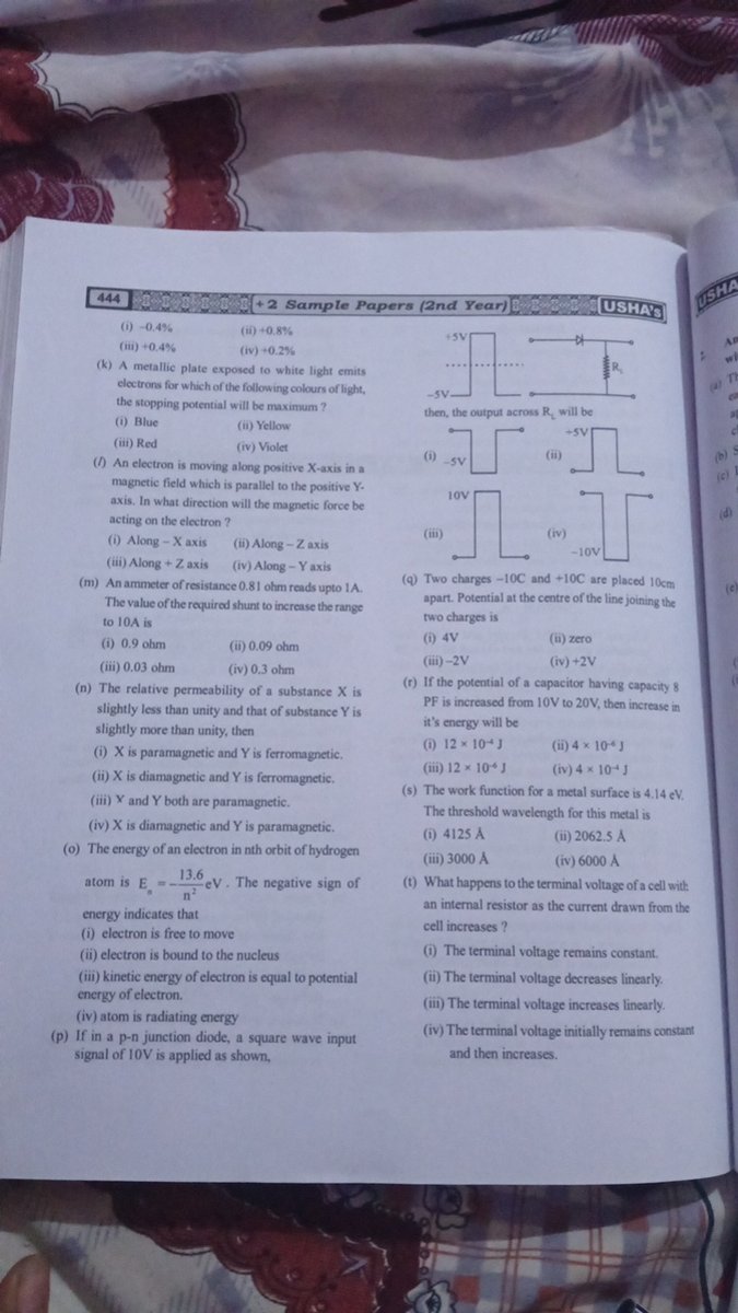 Here are multiple-choice questions from a Physics sample paper: (k) A me..