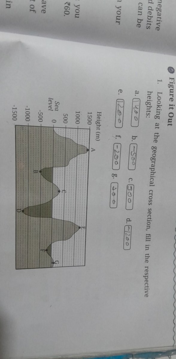 Looking at the geographical cross section, fill in the respective heights..