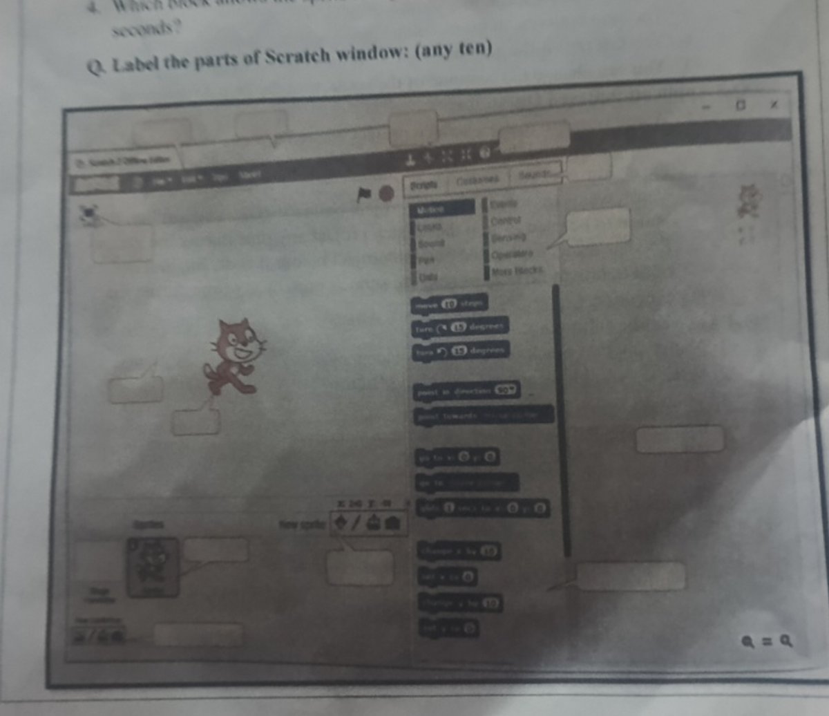 Label the parts of the Scratch window (any ten). | Filo