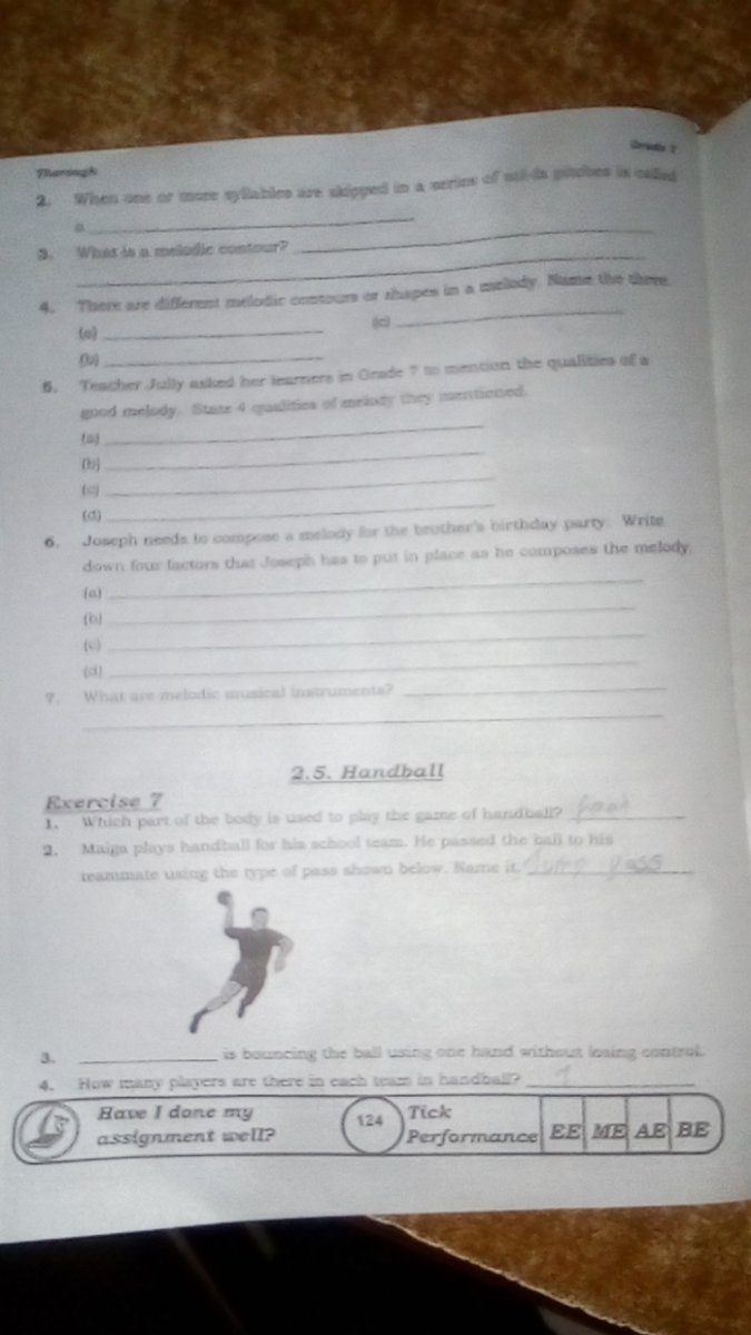 Exercise 7 Which part of the body is used to play the game of handball? M..